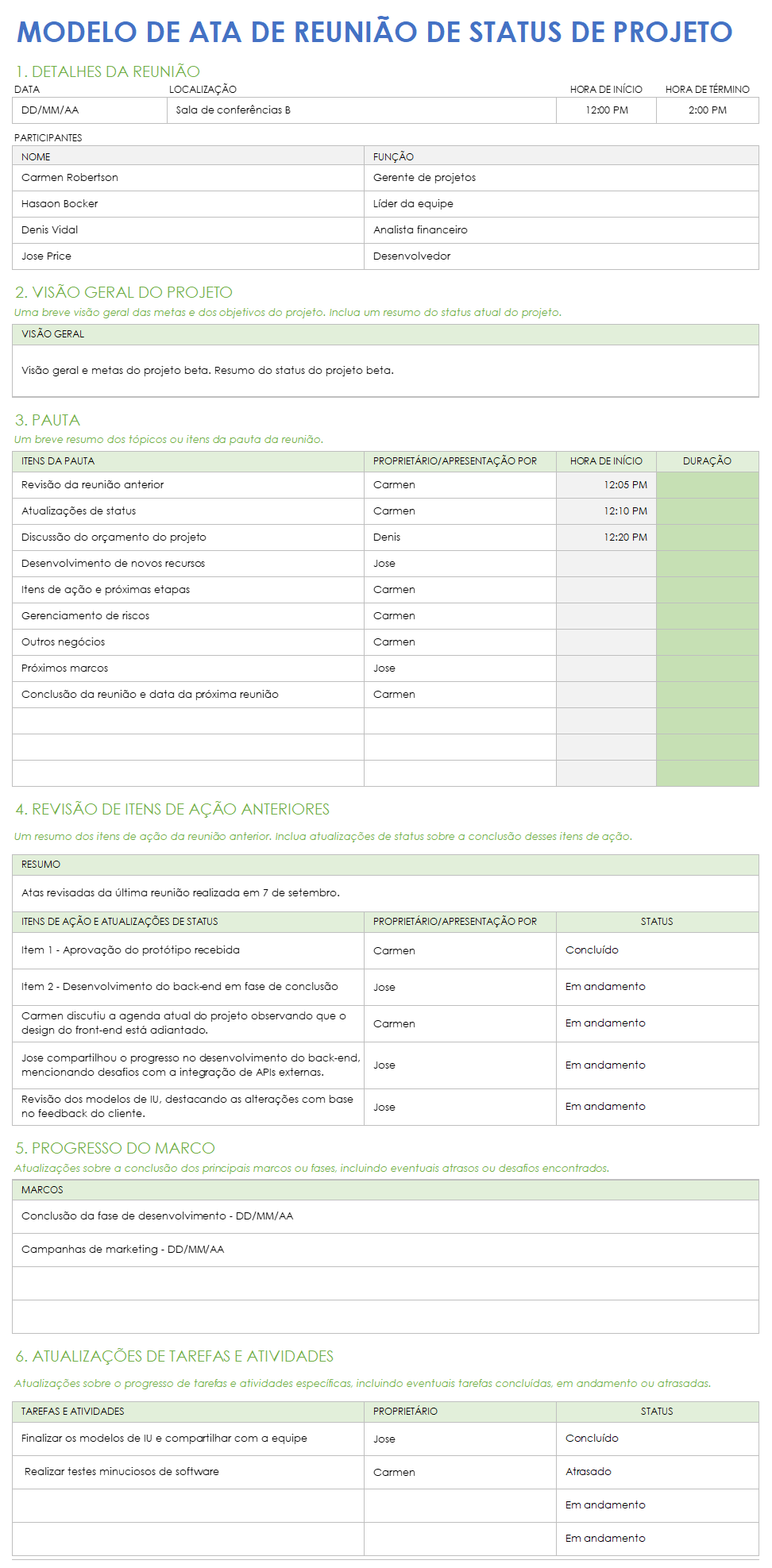 Modelos grátis de ata de reunião de gerenciamento de projetos