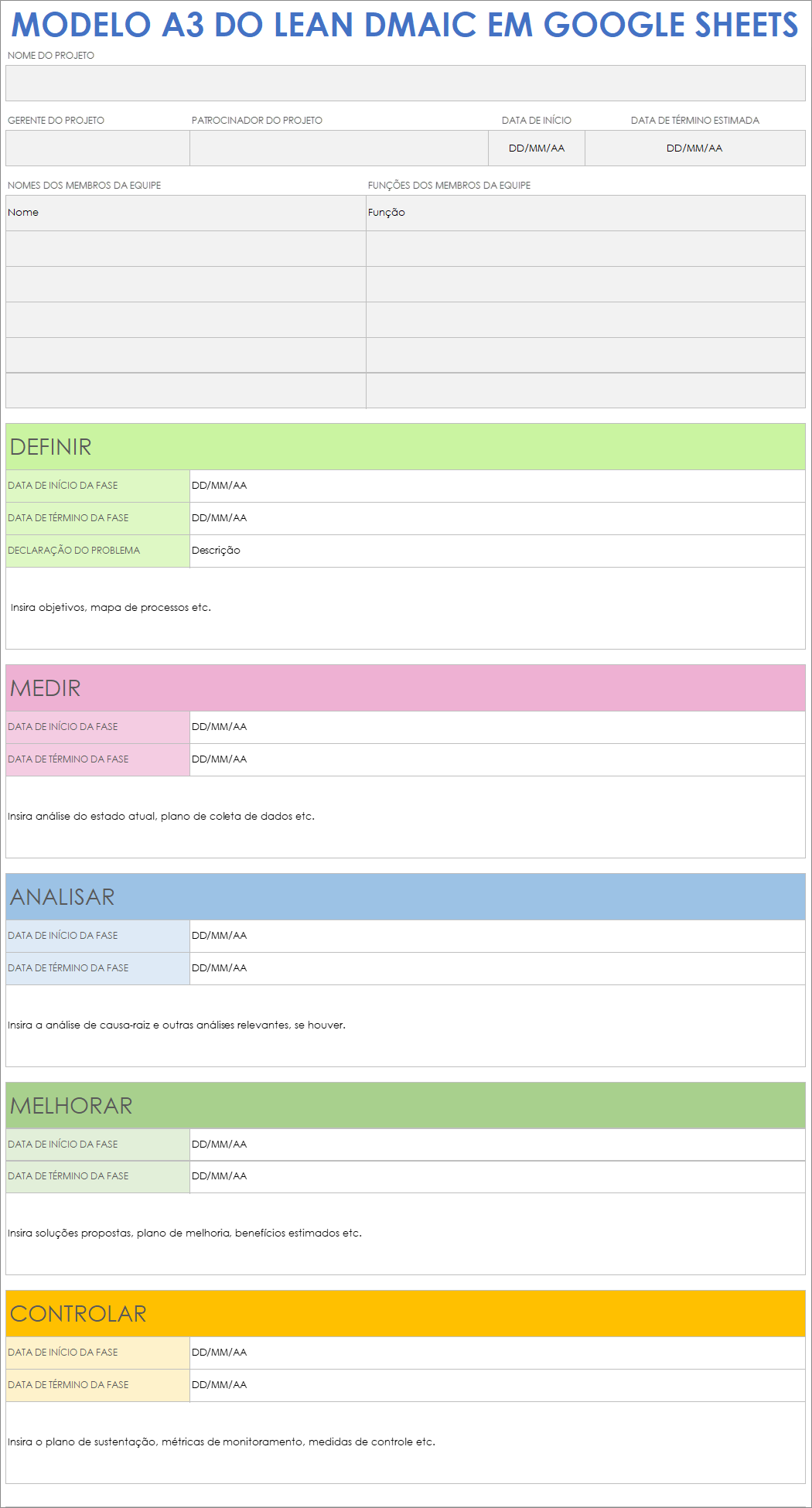 Modelos A3 de problemas e processo: Google Sheets, Docs e Slides