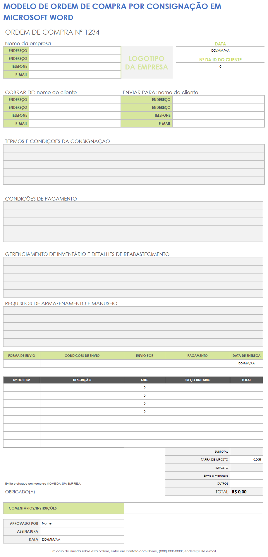 Cartas, formulários e modelos gratuitos de ordem de compra em MS Word