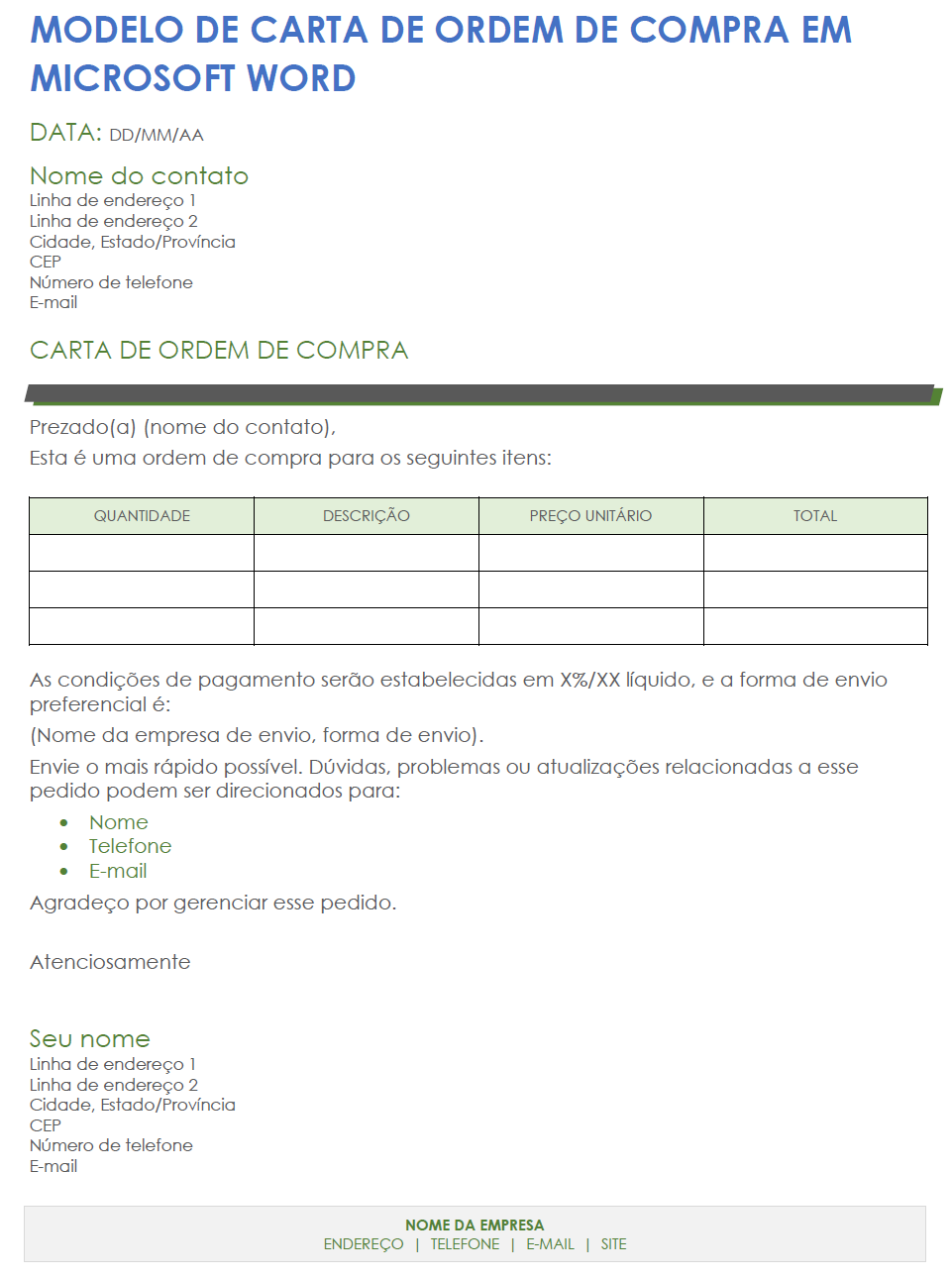 Cartas, formulários e modelos gratuitos de ordem de compra em MS Word