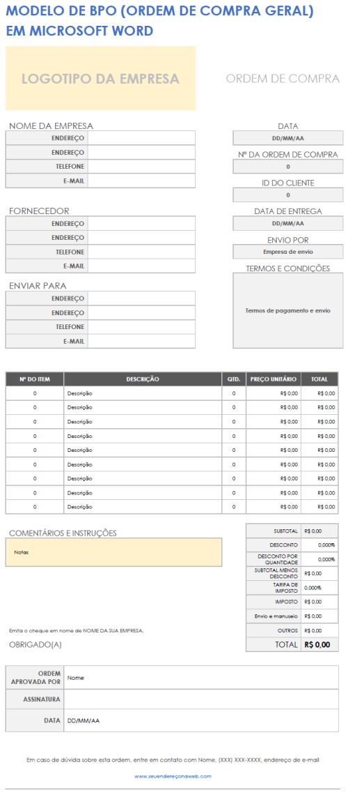 Cartas, formulários e modelos gratuitos de ordem de compra em MS Word