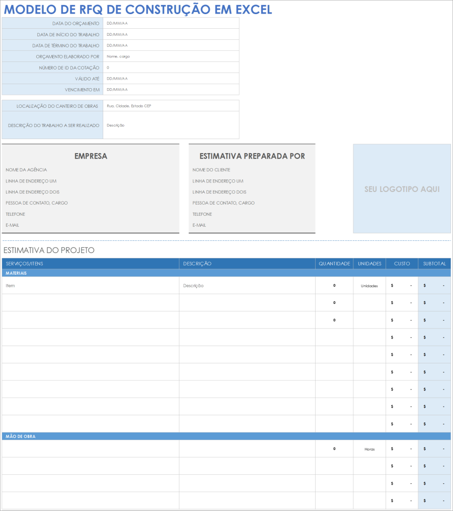 Modelos, formulários e monitores gratuitos de RFQ para Excel